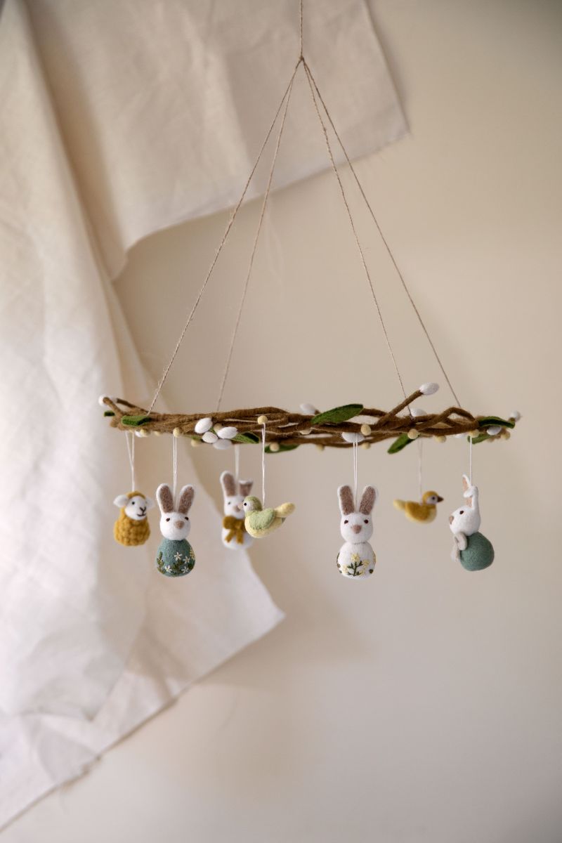 Gry & Sif Hanging Felt Bunny Decoration With Flower Embroidery Green ...